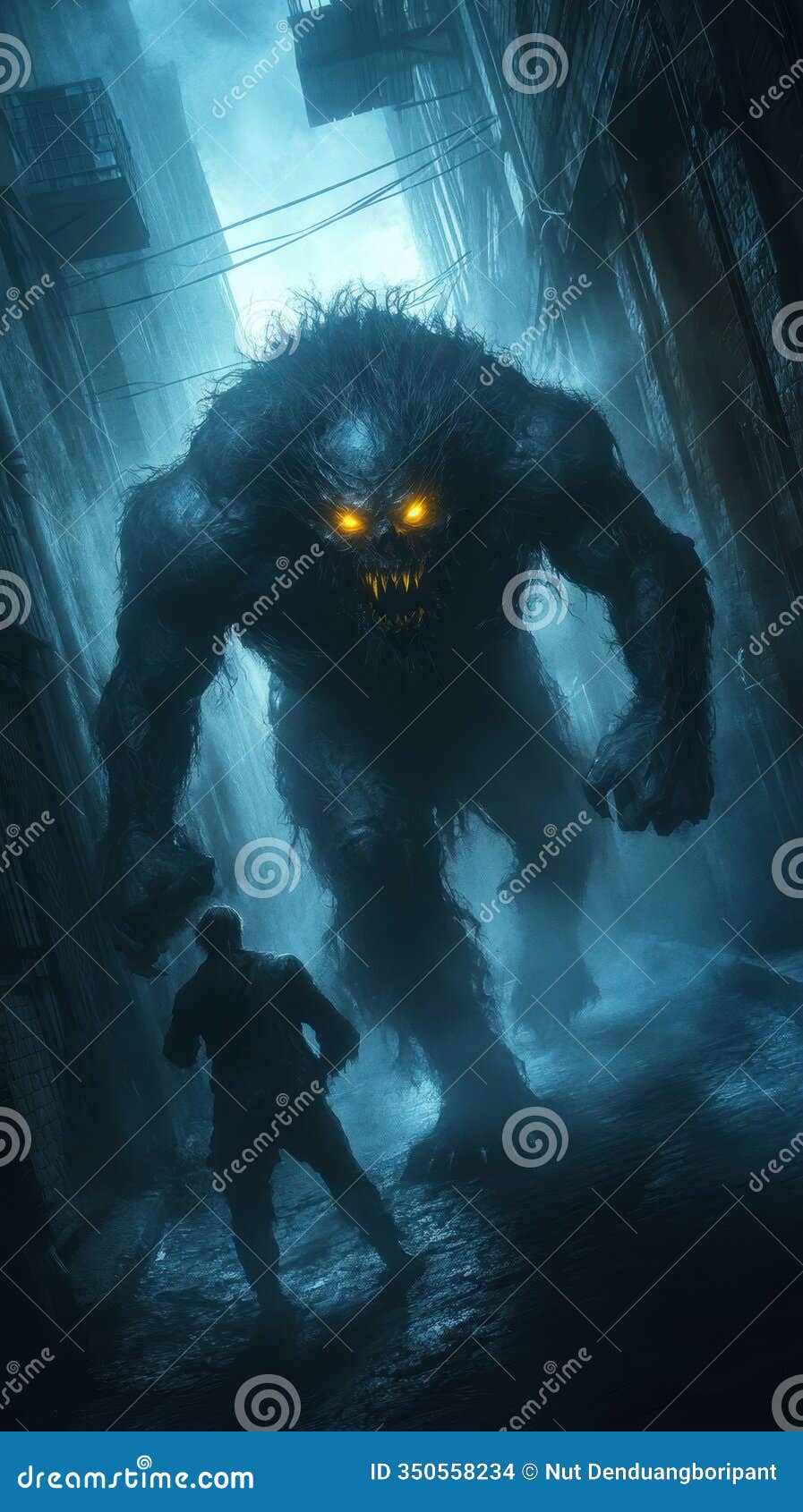 Shadowy Demon with Glowing Eyes Looms Over Figure Stock Illustration ...