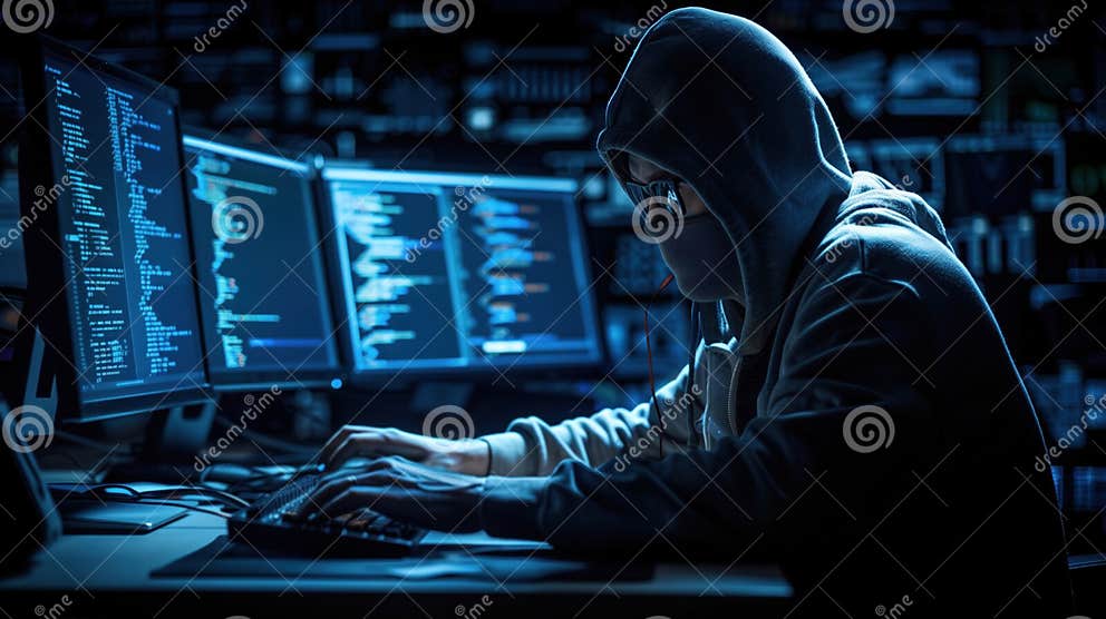 Shadowy Figure Coding on Multiple Computer Screens in a Dark ...