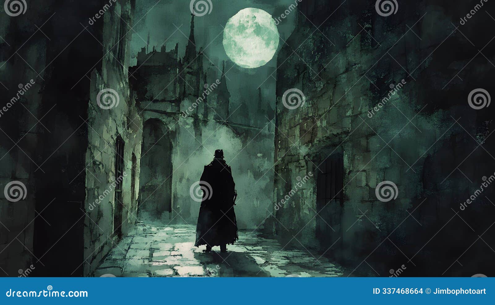 Shadowy Figure in a Gothic Alley Moonlight Stock Illustration ...