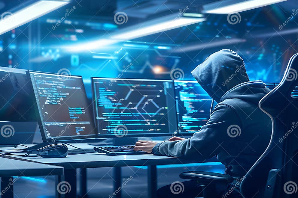 A Shadowy Figure of a Hacker with a Hoodie Sits in a Dark Room, Typing ...
