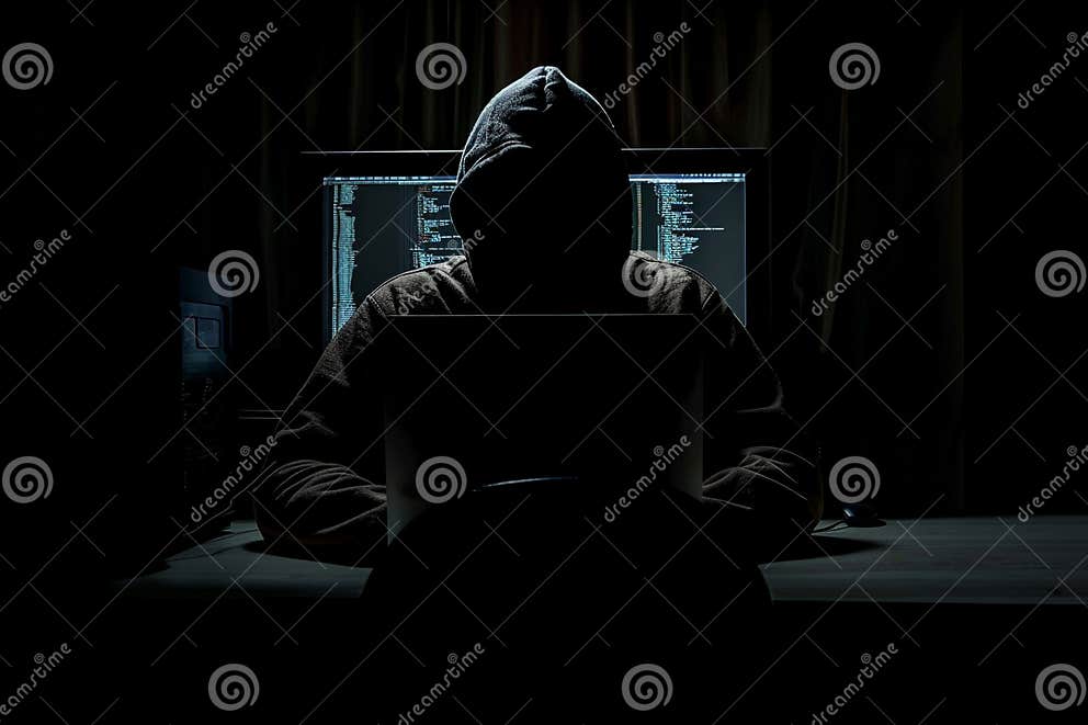 A Shadowy Figure of a Hacker with a Hoodie Sits in a Dark Room Typing ...