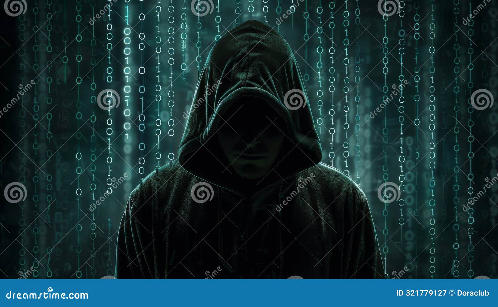 A Shadowy Figure In A Hood Stands Before A Cascade Of Binary Numbers ...
