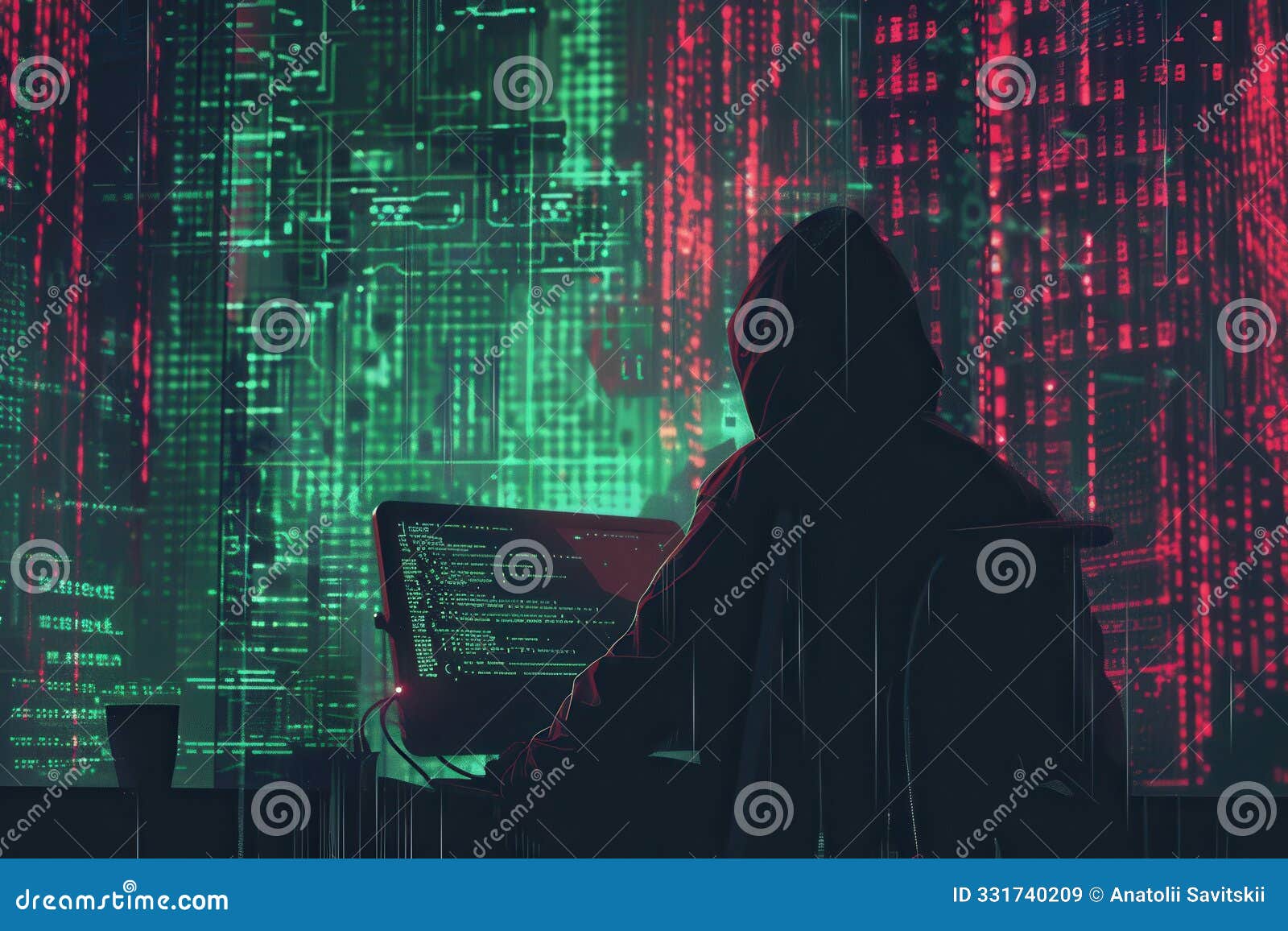 A Shadowy Figure in a Hoodie Works Intently on a Computer, Illuminated ...