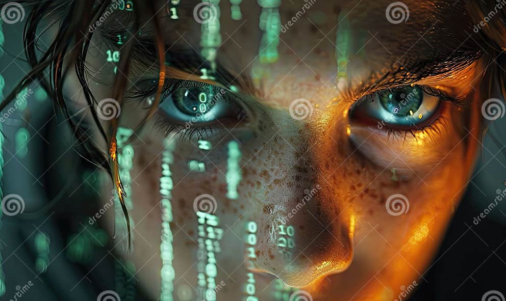 A Shadowy Hacker, Face Illuminated only by the Glow of a Screen, Code ...