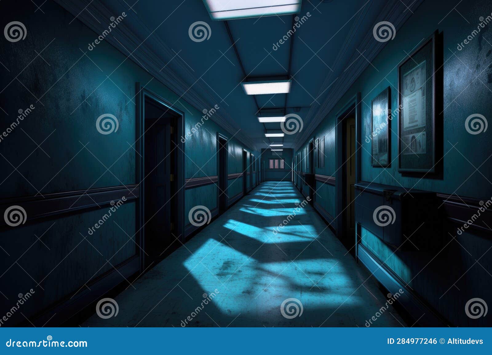 Shadowy Hospital Corridor with Dramatic Lighting Stock Illustration ...