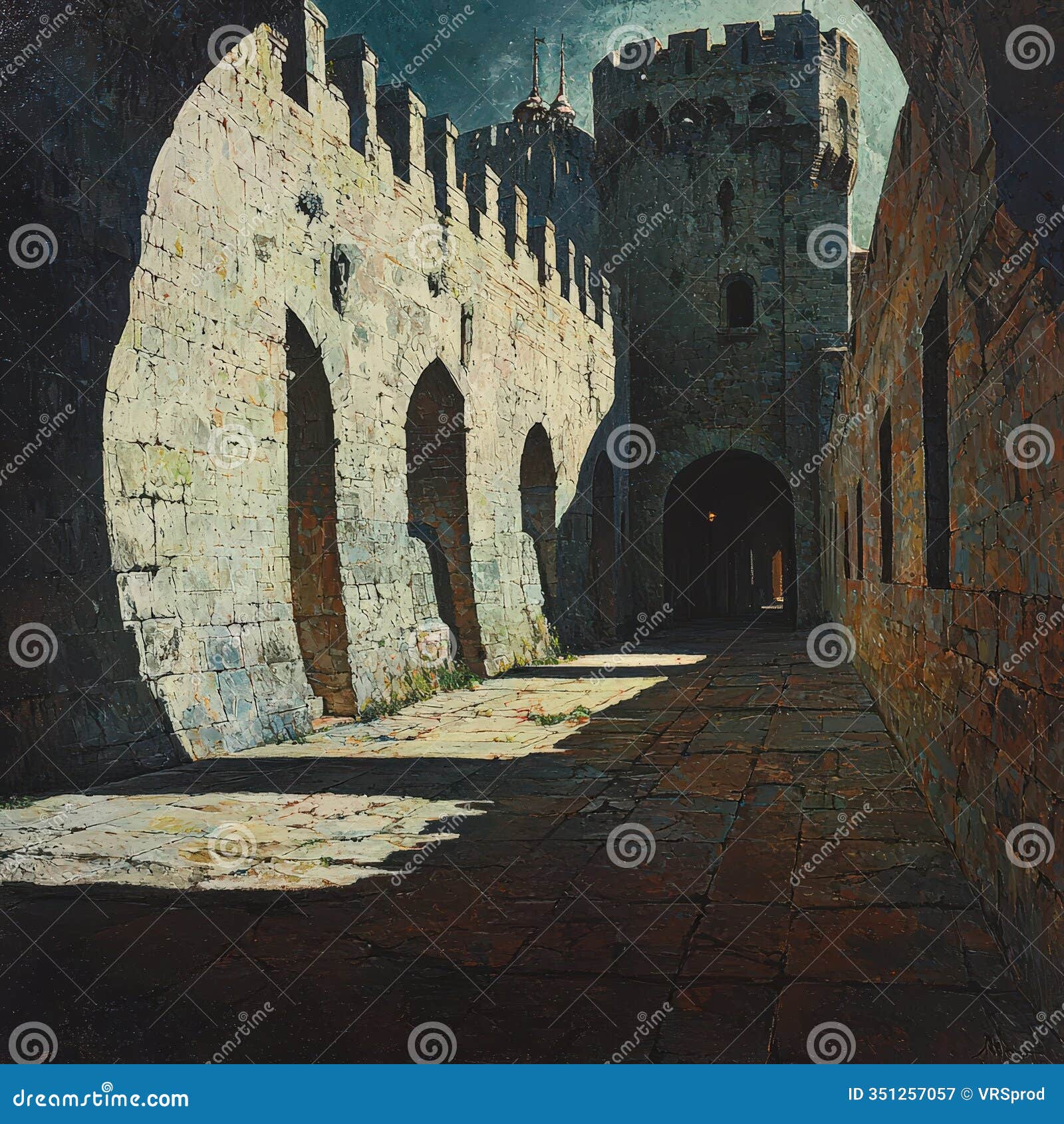Shadowy Medieval Castle Corridor in Dramatic Light Stock Image - Image ...