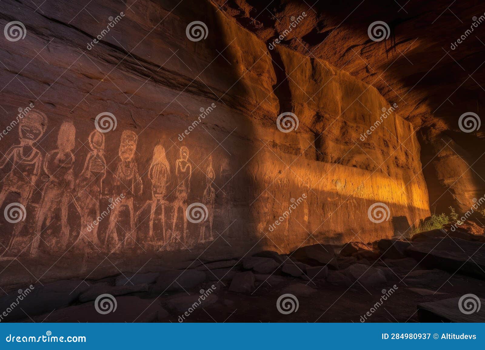 Shadowy Cave Interior With Vibrant Prehistoric Paintings Royalty-Free ...
