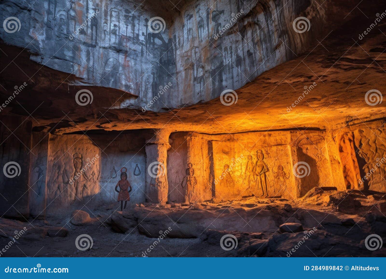 Shadowy Cave Interior With Vibrant Prehistoric Paintings Royalty-Free ...