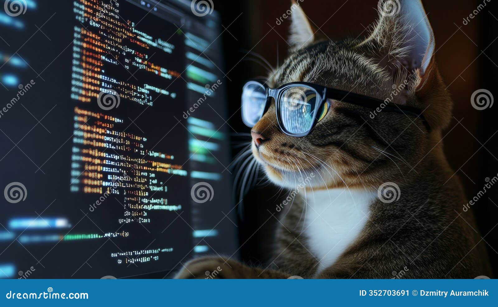 In a Shadowy Room, a Hacker is at Work, and a Cat Wearing Glasses ...