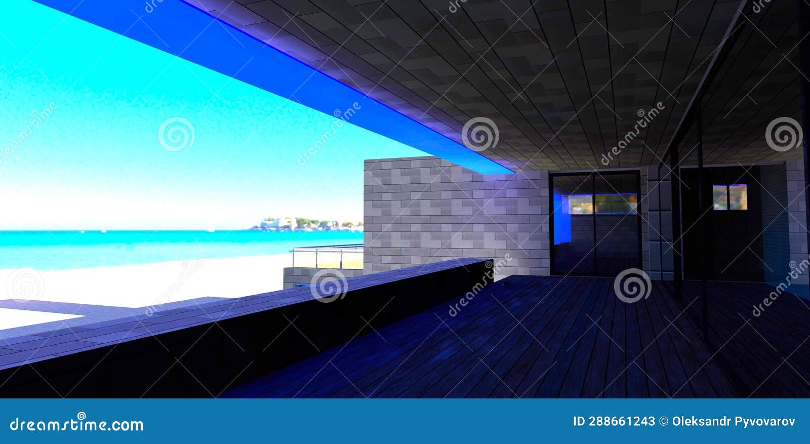 Shady Terrace with View of the Sand Ocean Beach. Large Tint Panoramic ...