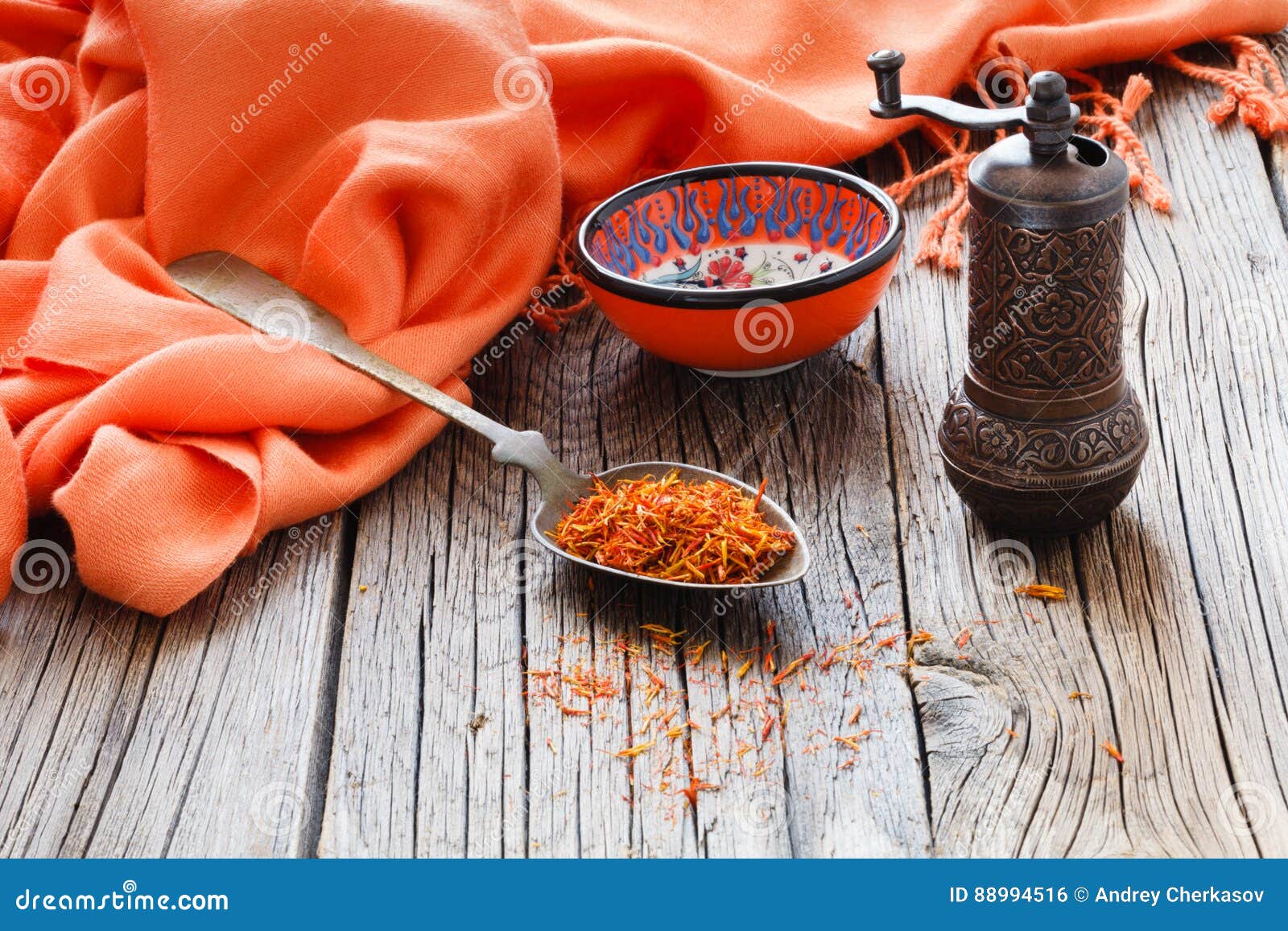 Shafran in a Spoon on Wooden Table with Silk Cloth Stock Photo - Image ...