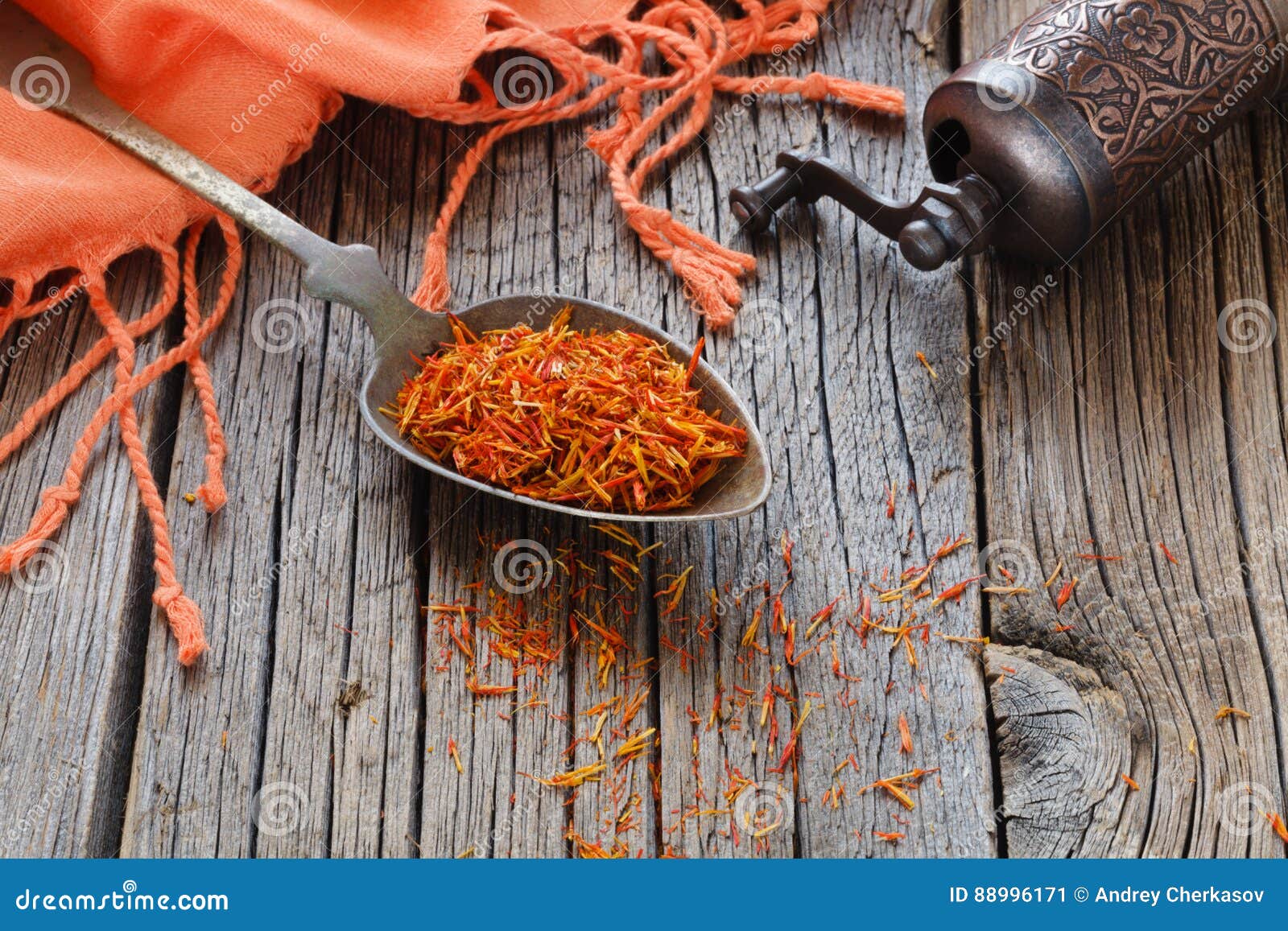 Shafran in a Spoon on Wooden Table with Silk Cloth Stock Image - Image ...