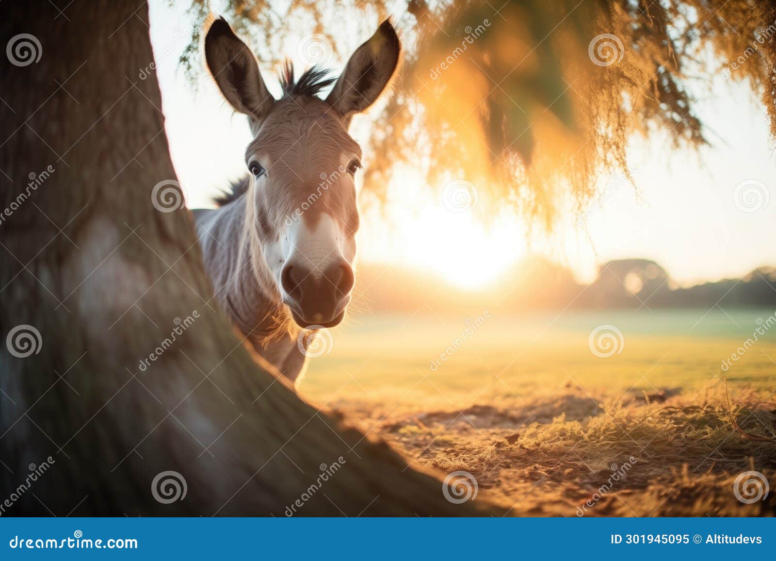 Shaggy Donkey Under a Tree during Sunrise Stock Image - Image of ...