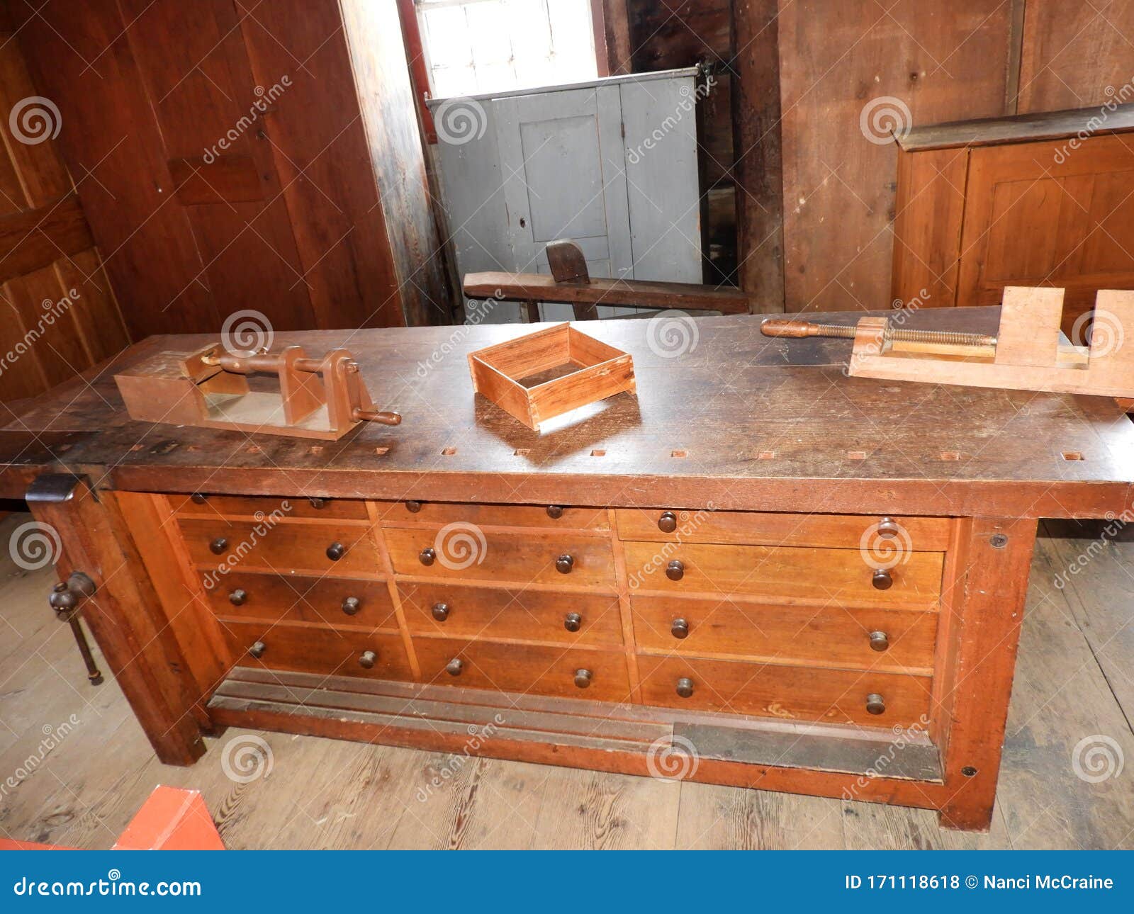 Shaker Village Solid Wood Furniture Work Bench Stock Photo - Image of ...