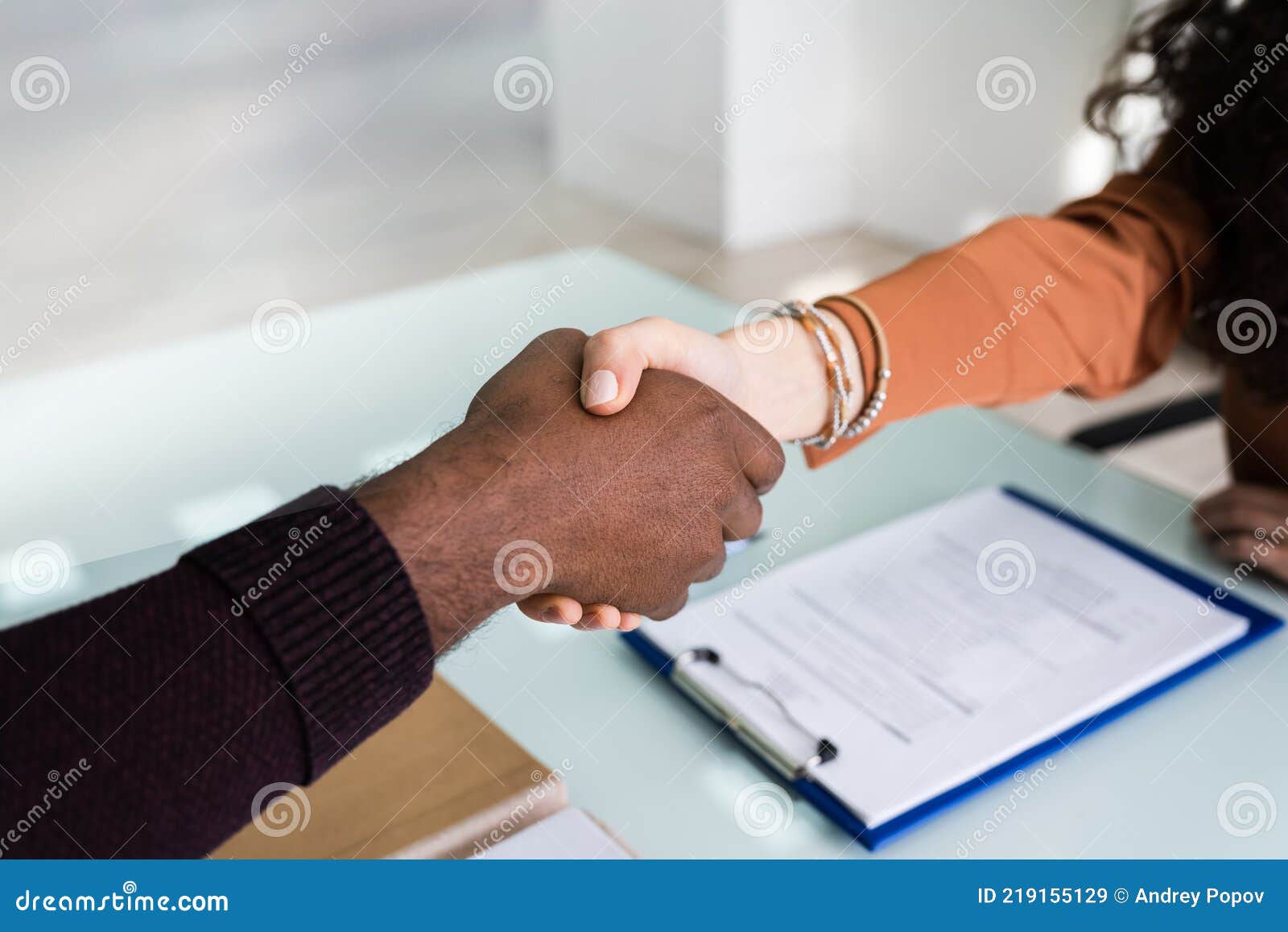 Shaking Hands at Interview Meeting Stock Image - Image of papers ...
