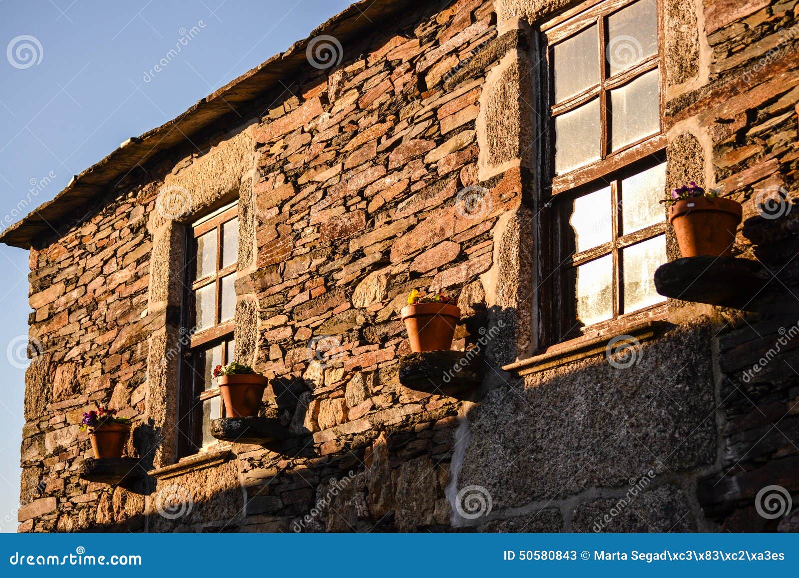 Shale House with Windows and Flowers Stock Image - Image of window ...