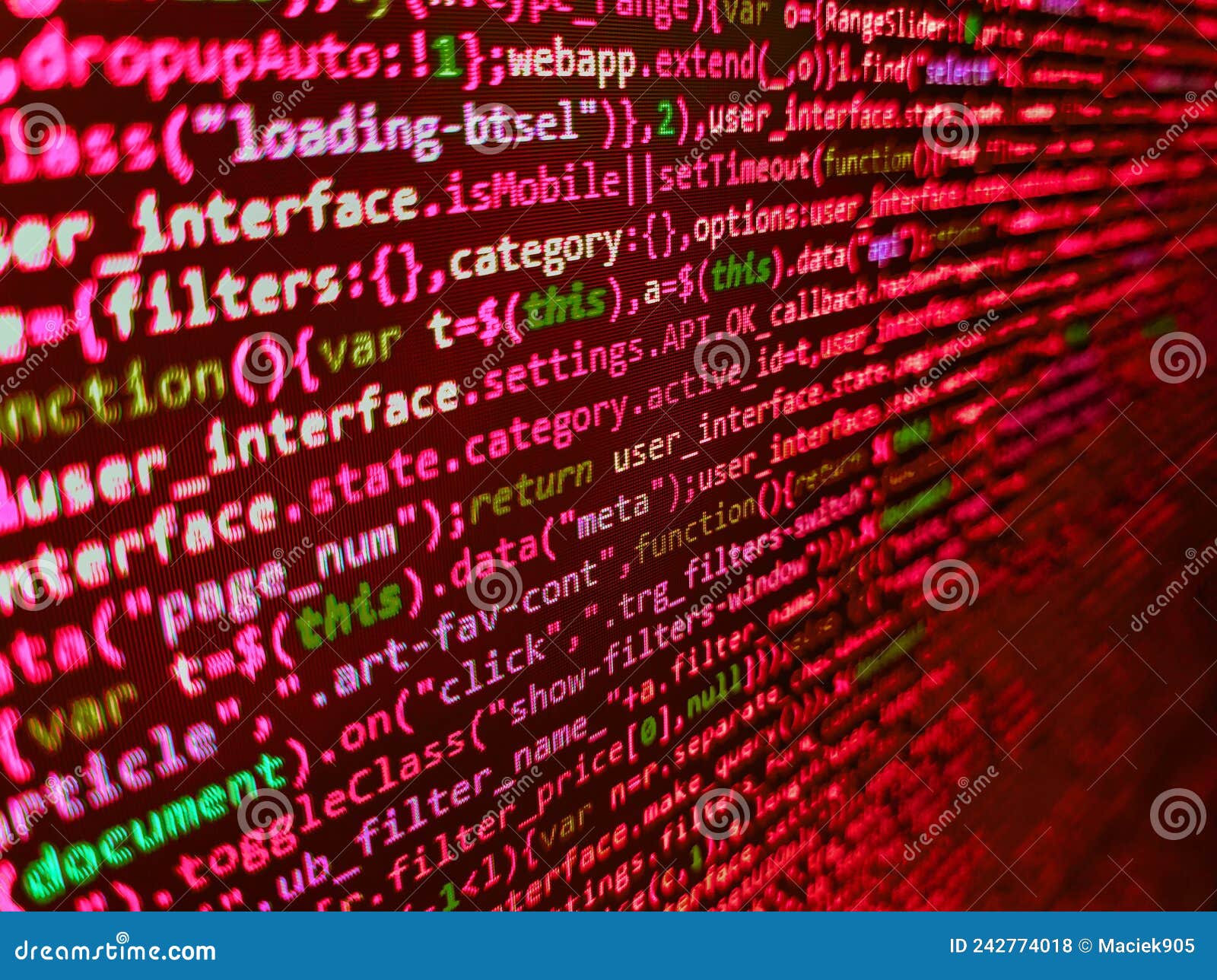 Shallow Depth of Field, Selective Focus Effect. Lines of Code of a Software with Several Colors ...
