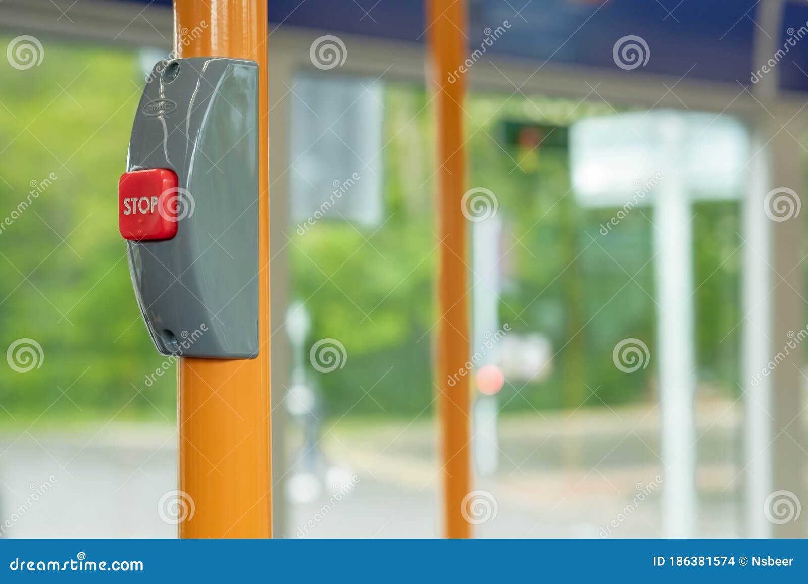 Shallow Focus of a Red Stop Button Seen Inside a Public Bus. Stock ...