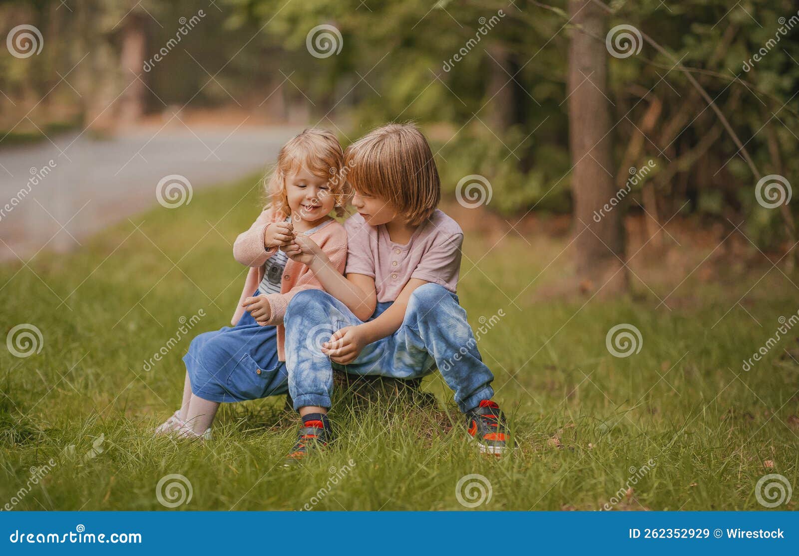 Shallow Focus Of Two Siblings Sitting On A Tree Stump In The Forest
