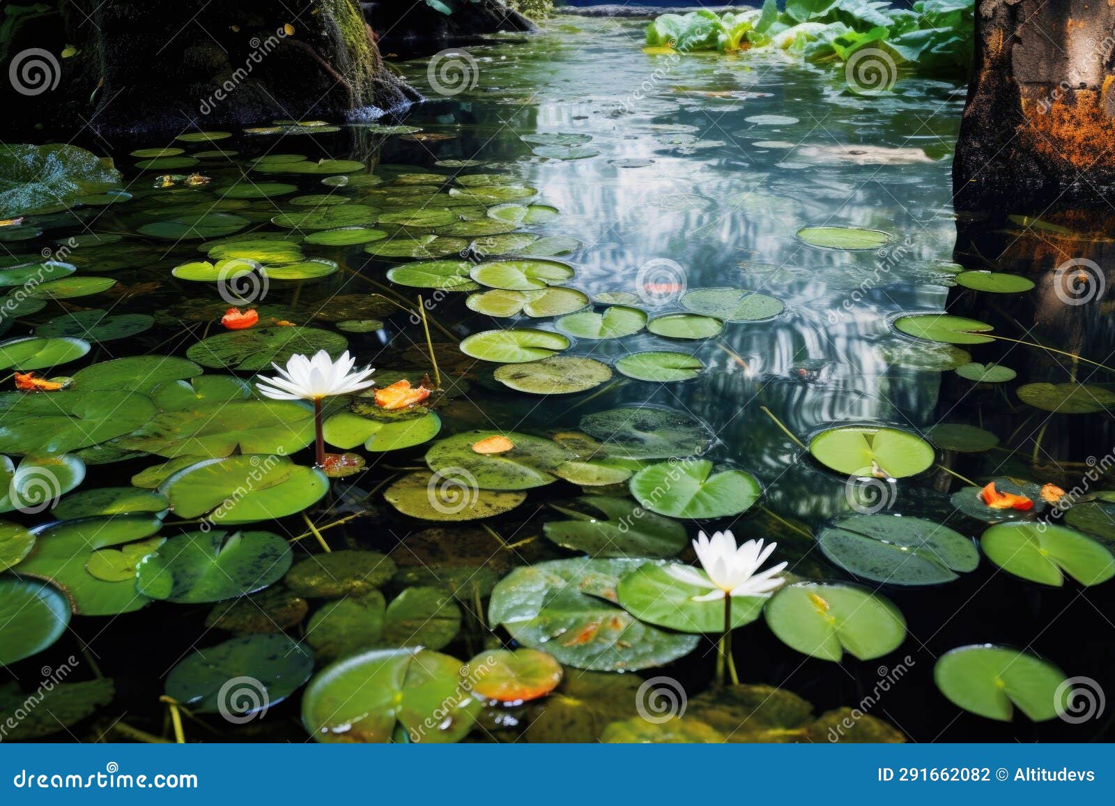 A Shallow Pond Decorated with Floating Lily Pads Stock Photo - Image of ...
