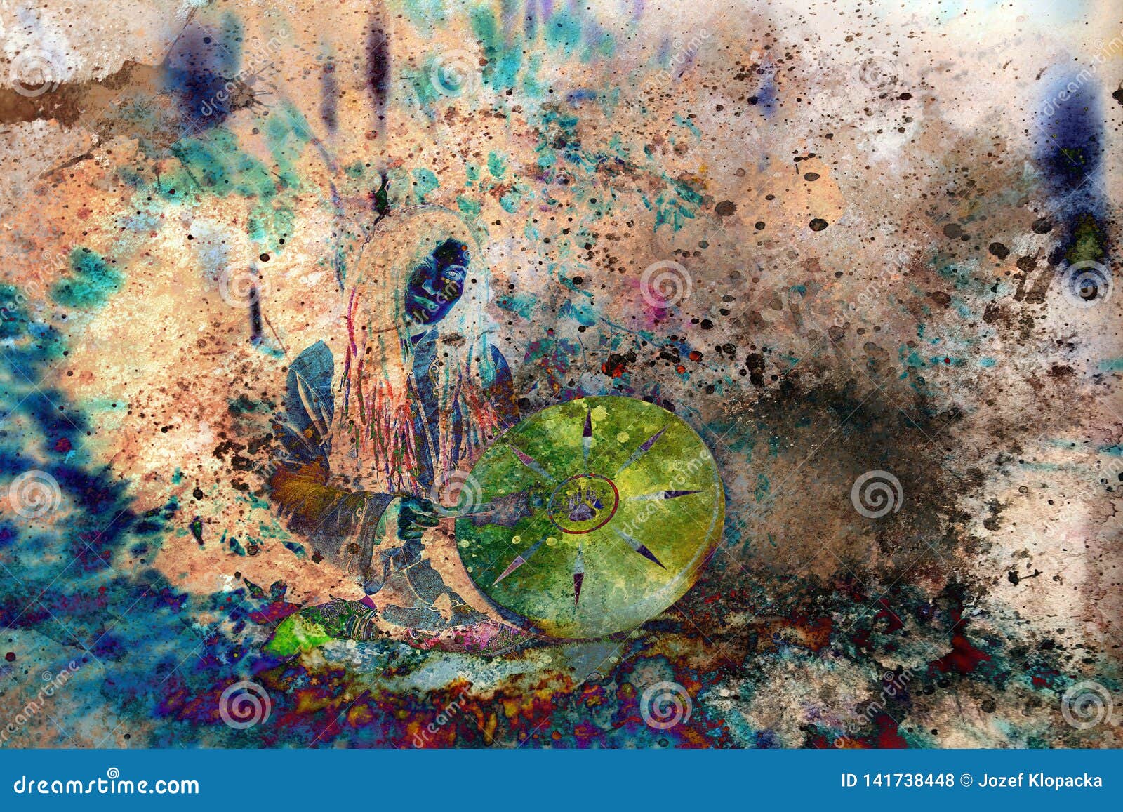 Shamanic Girl with Frame Drum on Abstract Structured Background. Stock ...