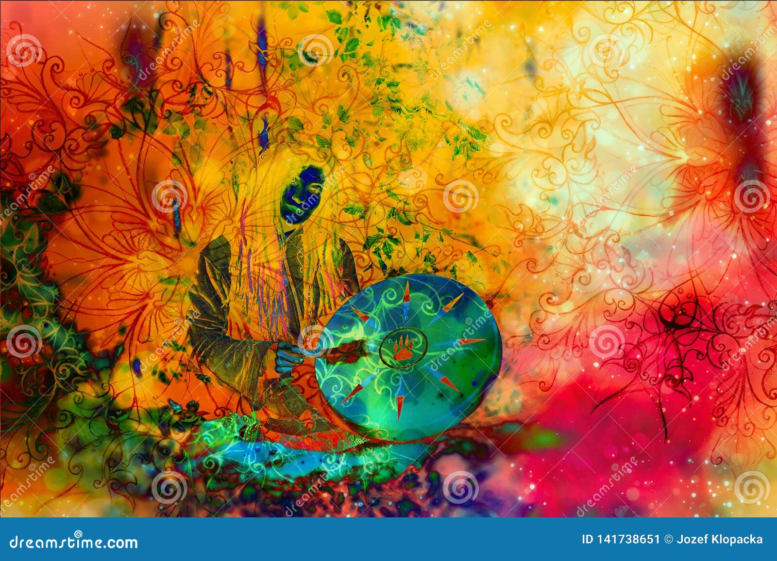 Shamanic Girl with Frame Drum on Abstract Structured Background. Stock ...