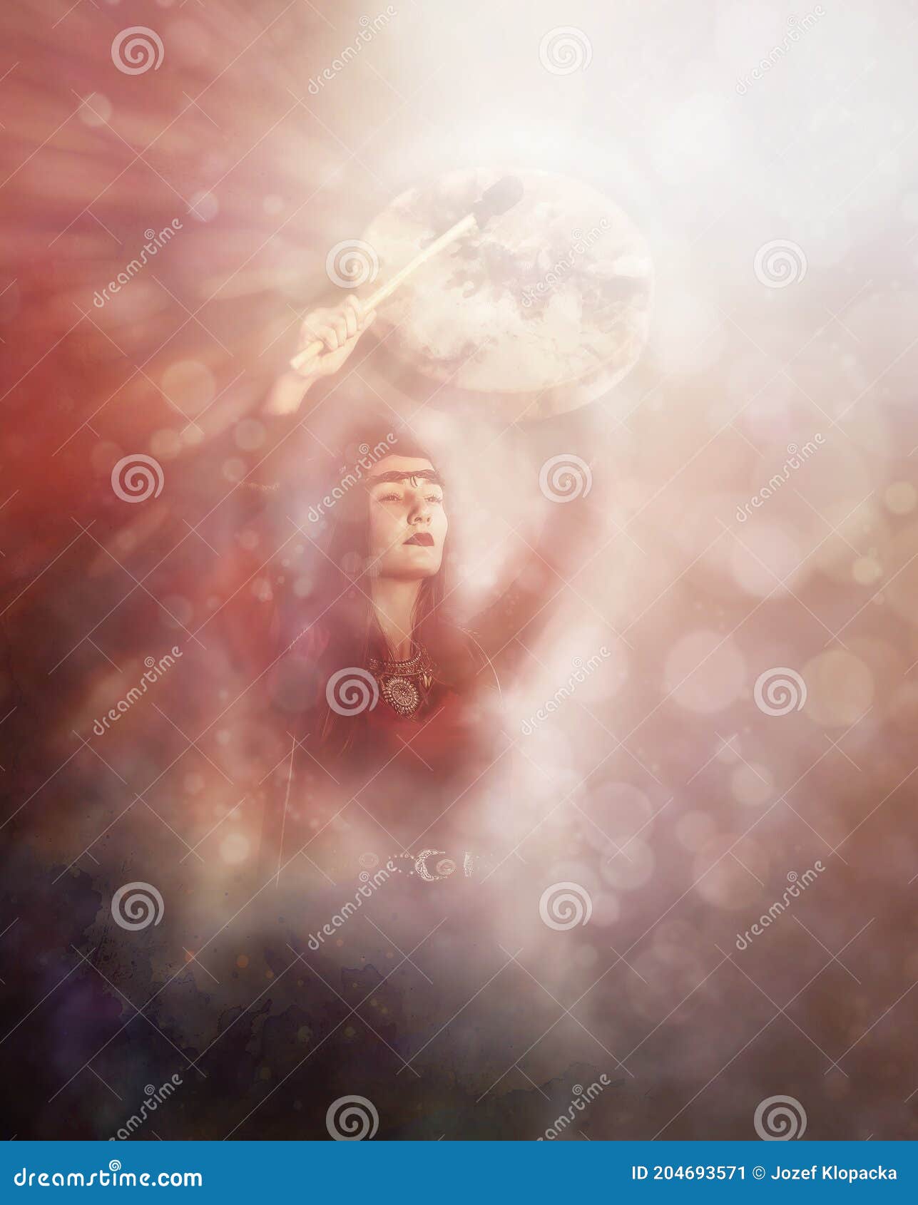 Shamanic Girl with Frame Drum on Abstract Structured Background. Stock ...