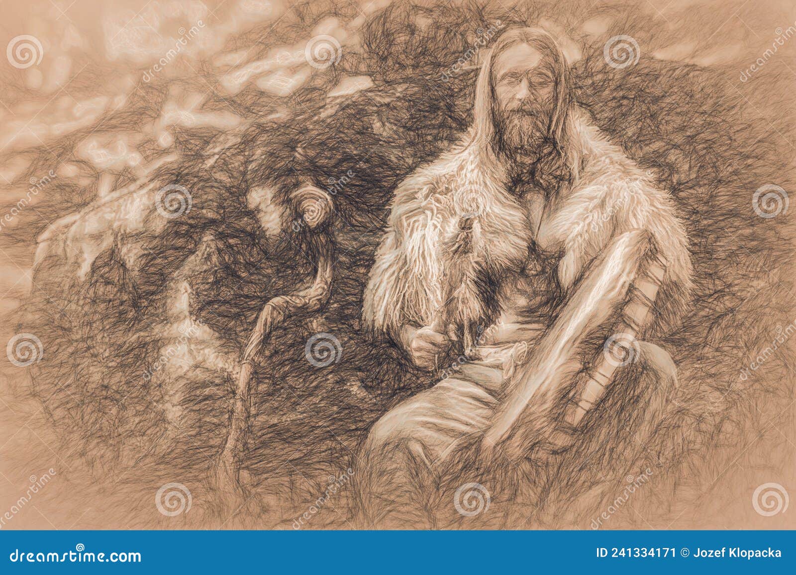 Shamanic Man Playing on Drum in the Nature and Drawing Efect. Stock ...