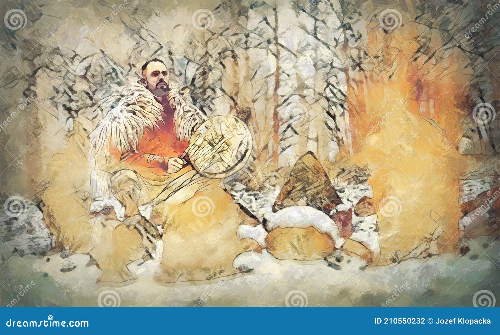 Shamanic Man Playing on Shaman Frame Drum in the Nature. Stock Photo ...