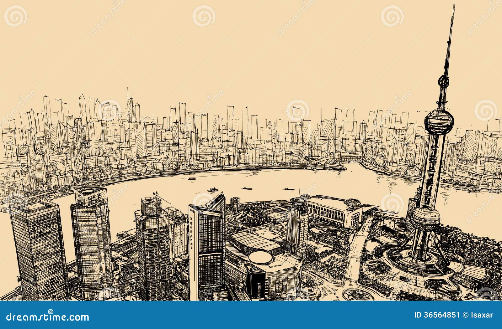 Shanghai - Aerial View Above the River Stock Vector - Illustration of ...
