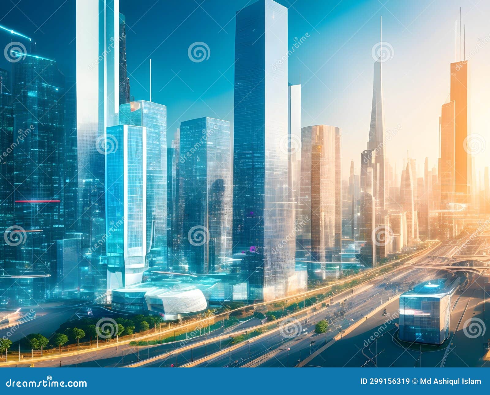Shanghai Cityscape at Night, China. 3D Rendering Stock Illustration ...