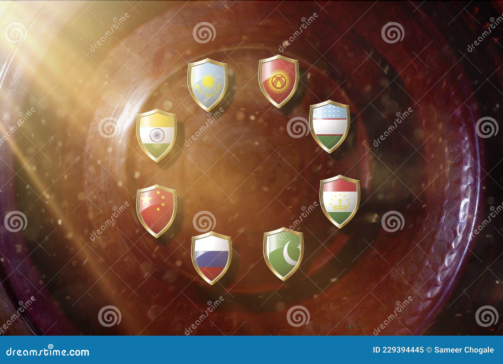 Shanghai Cooperation Organization SCO Countries Flags In Golden Shield ...