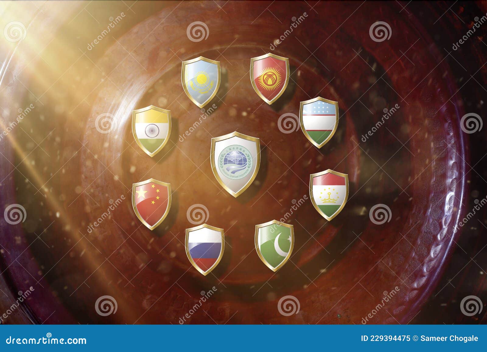Shanghai Cooperation Organization SCO Countries Flags In Golden Shield ...