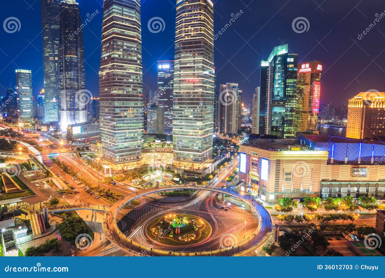Shanghai downtown at night stock image. Image of light - 36012703