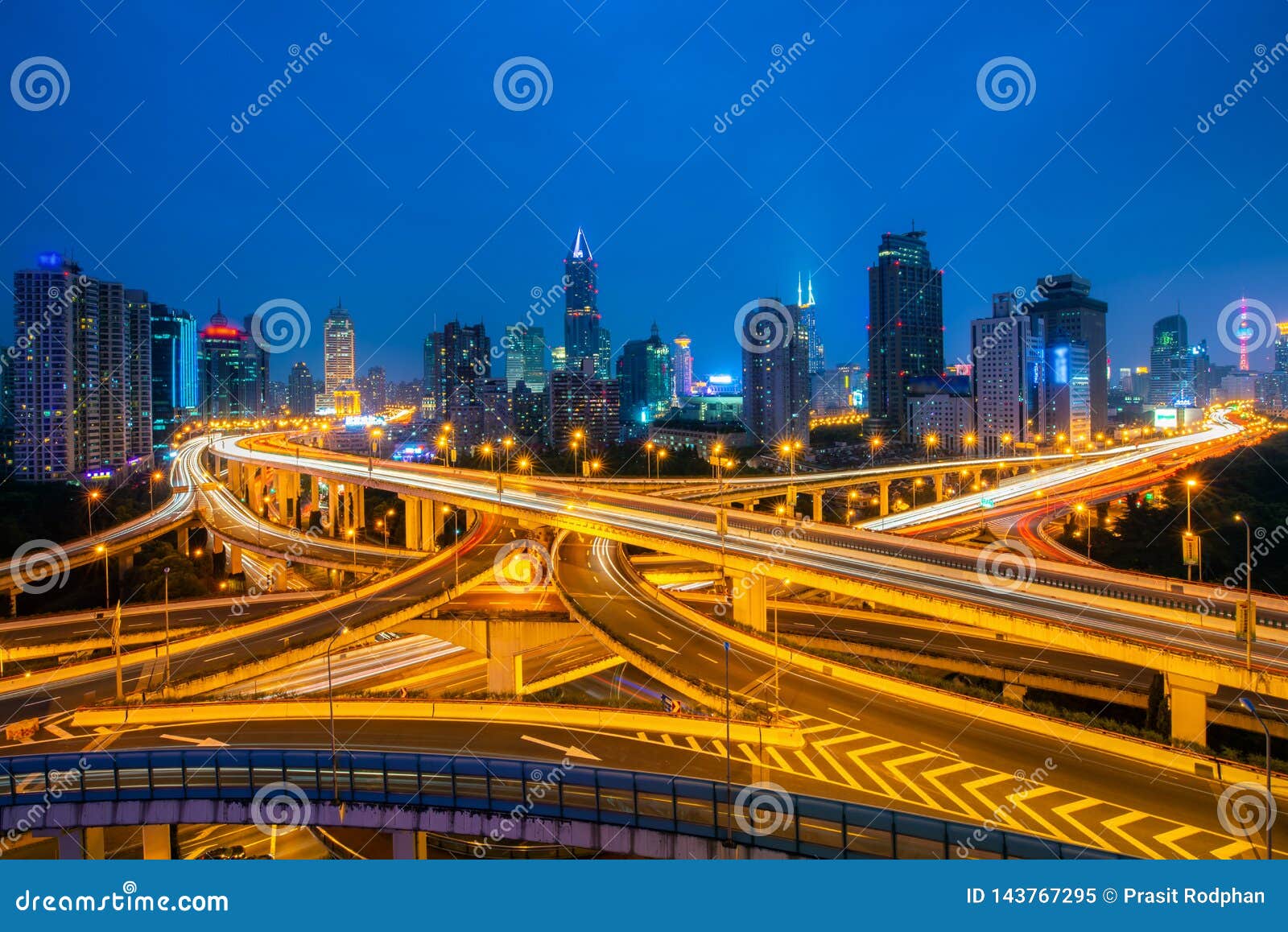 Shanghai Elevated Road Junction and Interchange Overpass at Night in ...