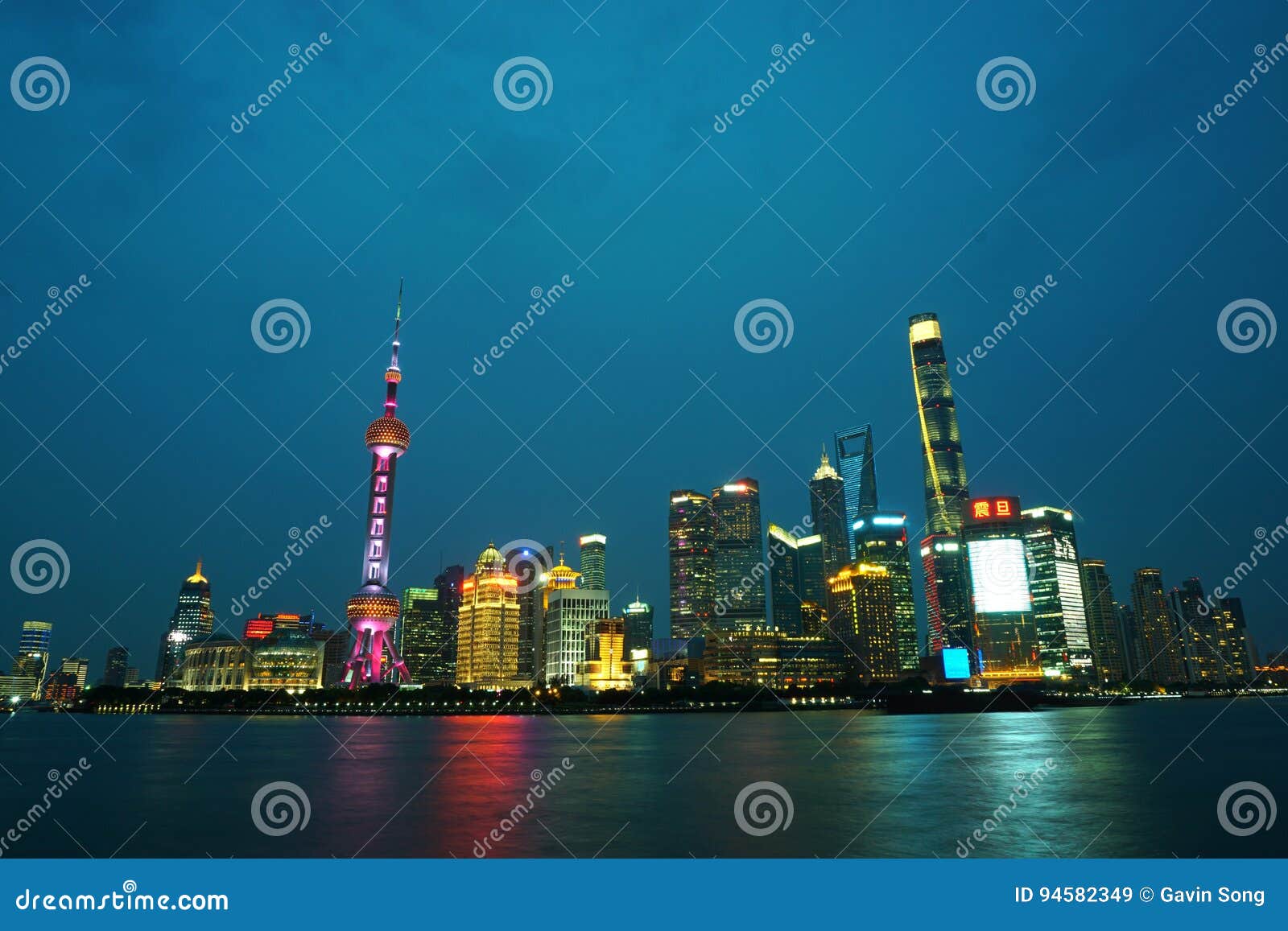 Shanghai Skyline Night Scene Editorial Stock Image - Image of tower ...