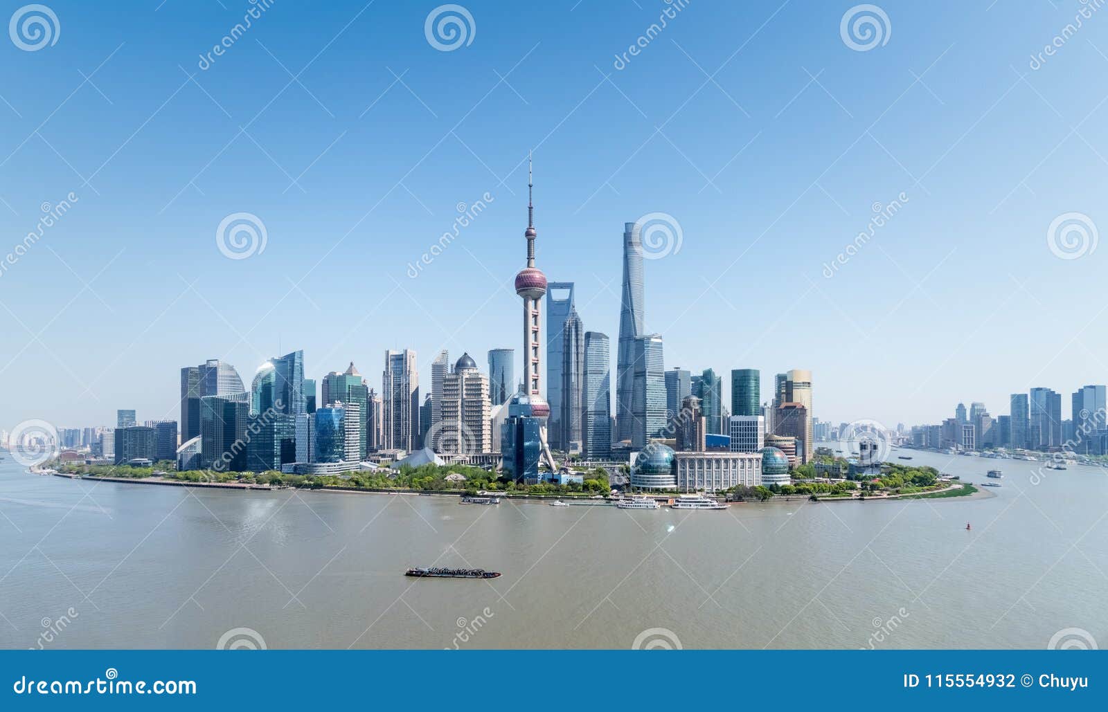 Shanghai Skyline Against a Blue Sky Editorial Photography - Image of ...