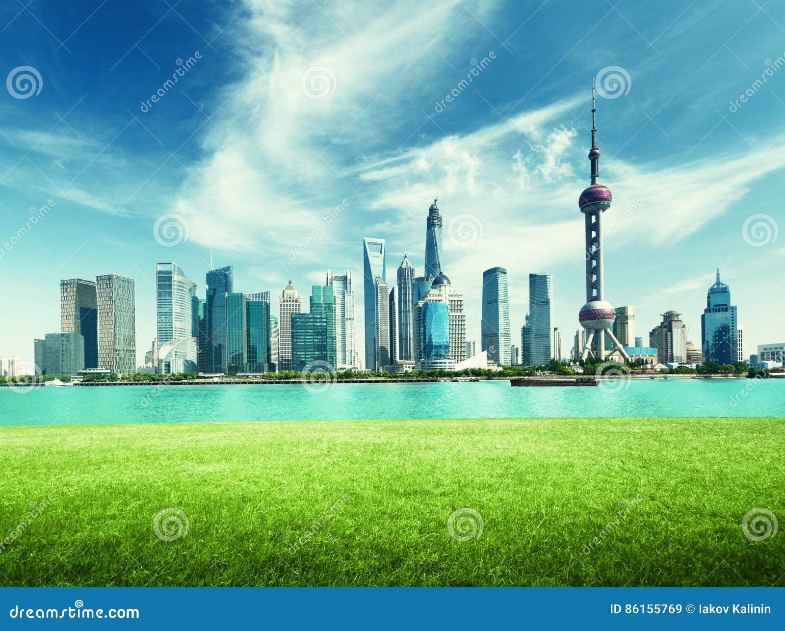 Shanghai Skyline and Green Grass in Park Stock Image - Image of ...