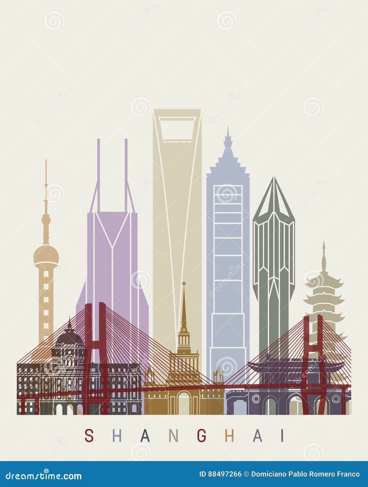 Shanghai V2 skyline poster stock vector. Illustration of colorful ...