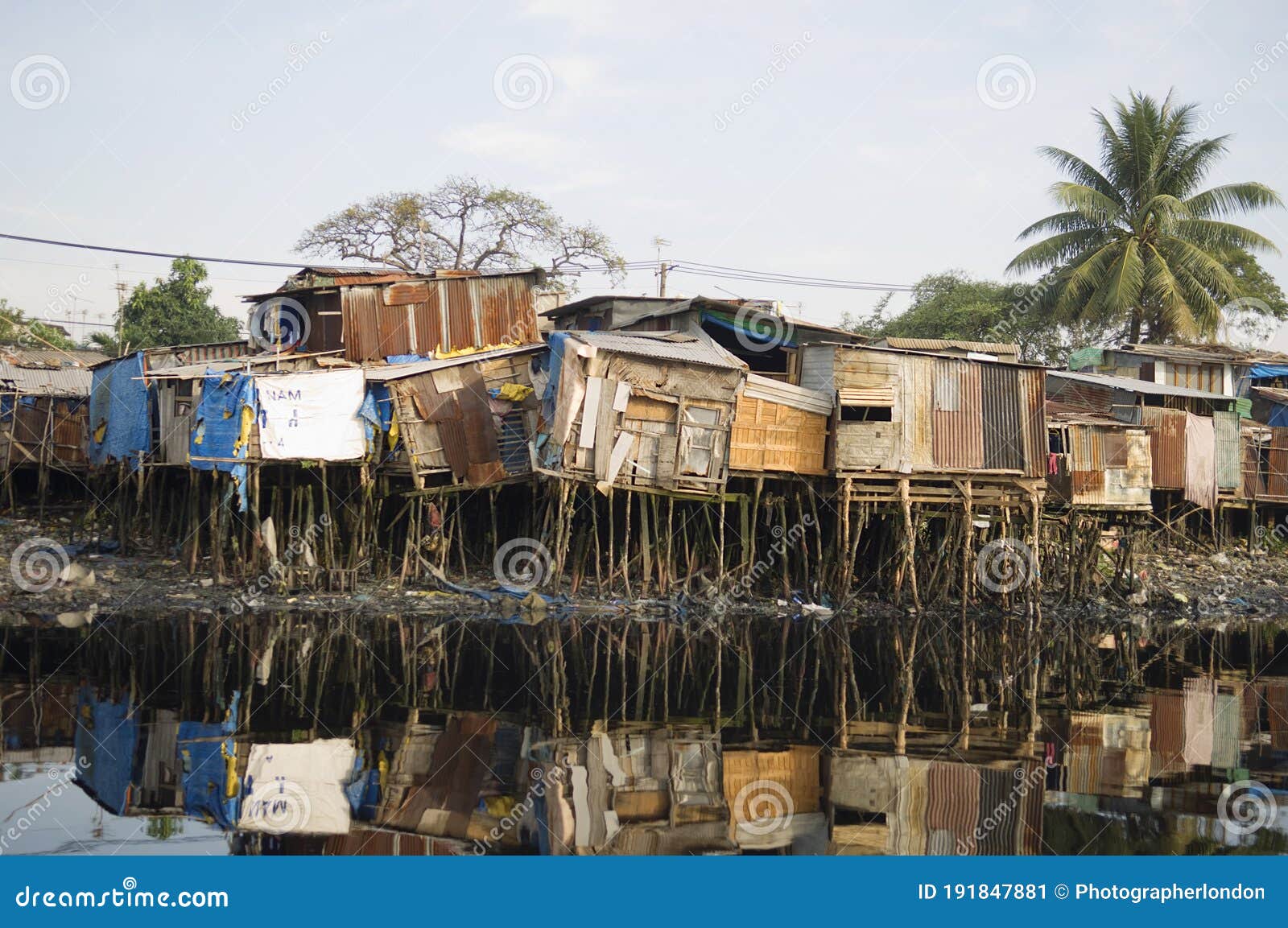 Portrait of Shantytown Along River Stock Image - Image of green ...