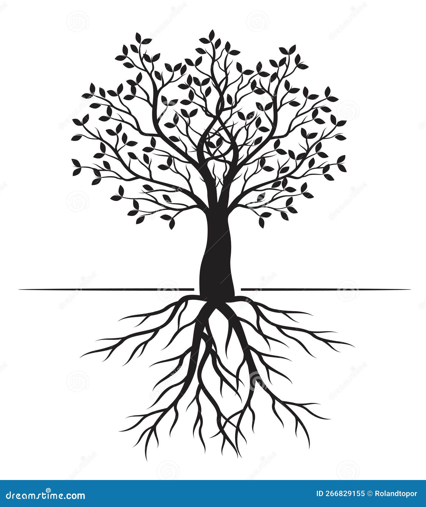 Shape of Black Tree with Leaves and Roots. Vector Outline Illustration ...