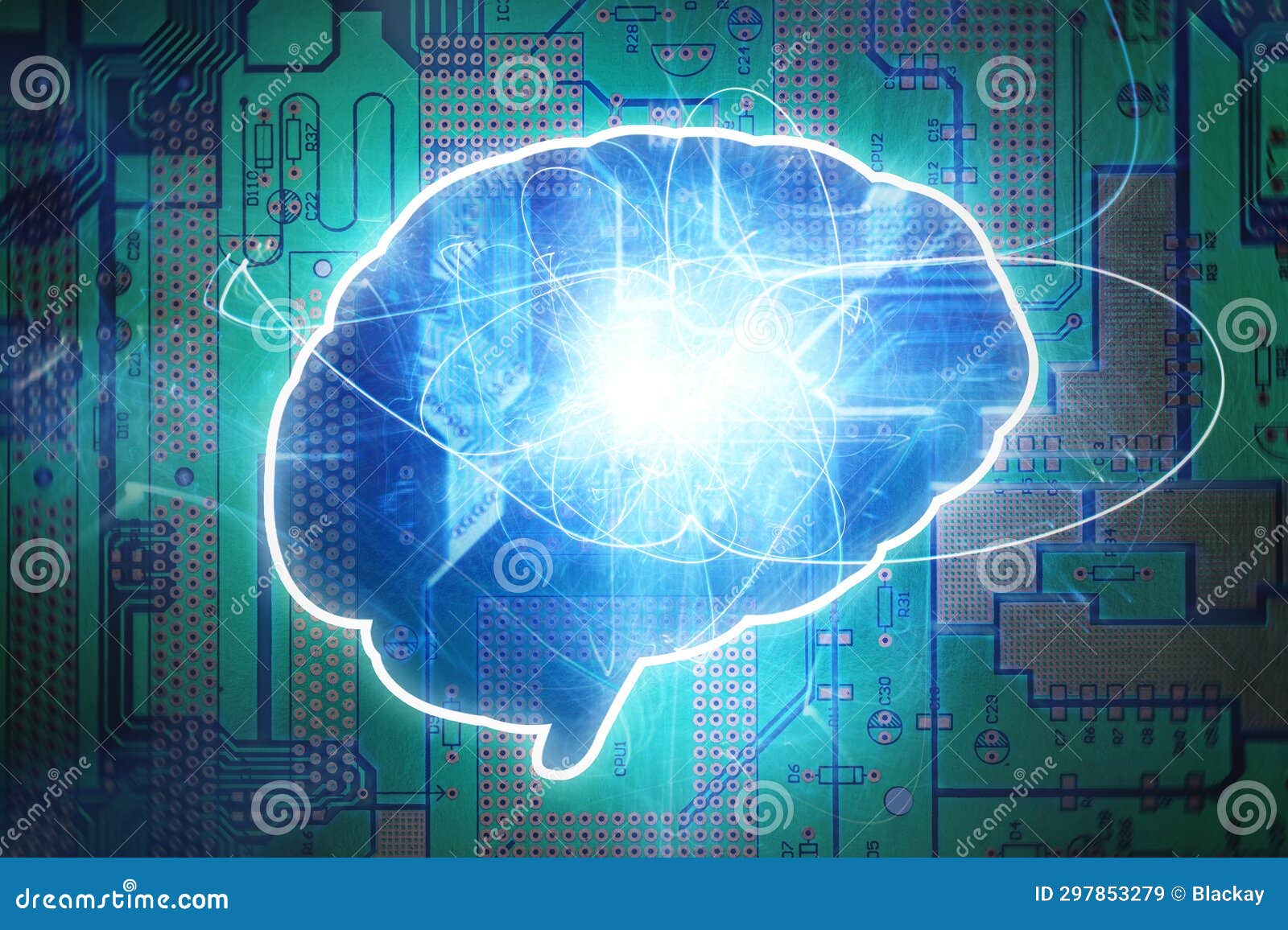 Shape of Brain with Light Effects and Printed Circuit Board Symbolizing ...