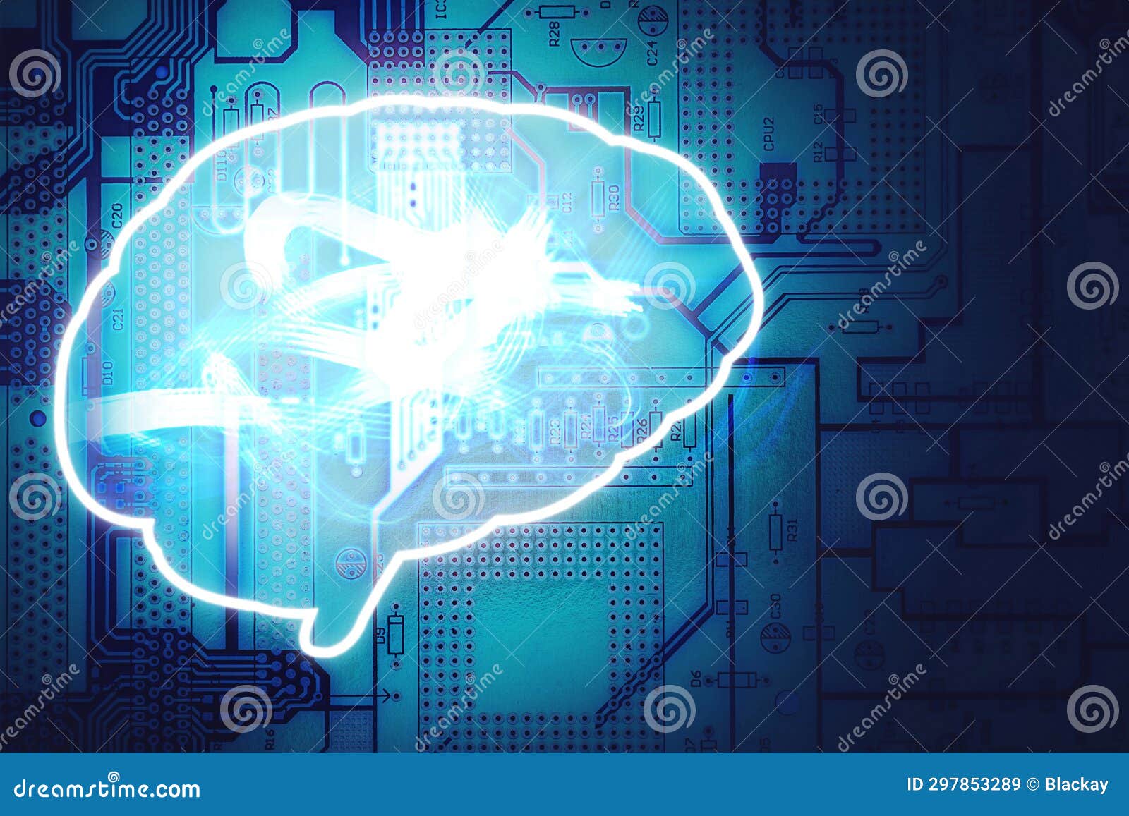 Shape of Brain with Light Effects and Printed Circuit Board Symbolizing ...