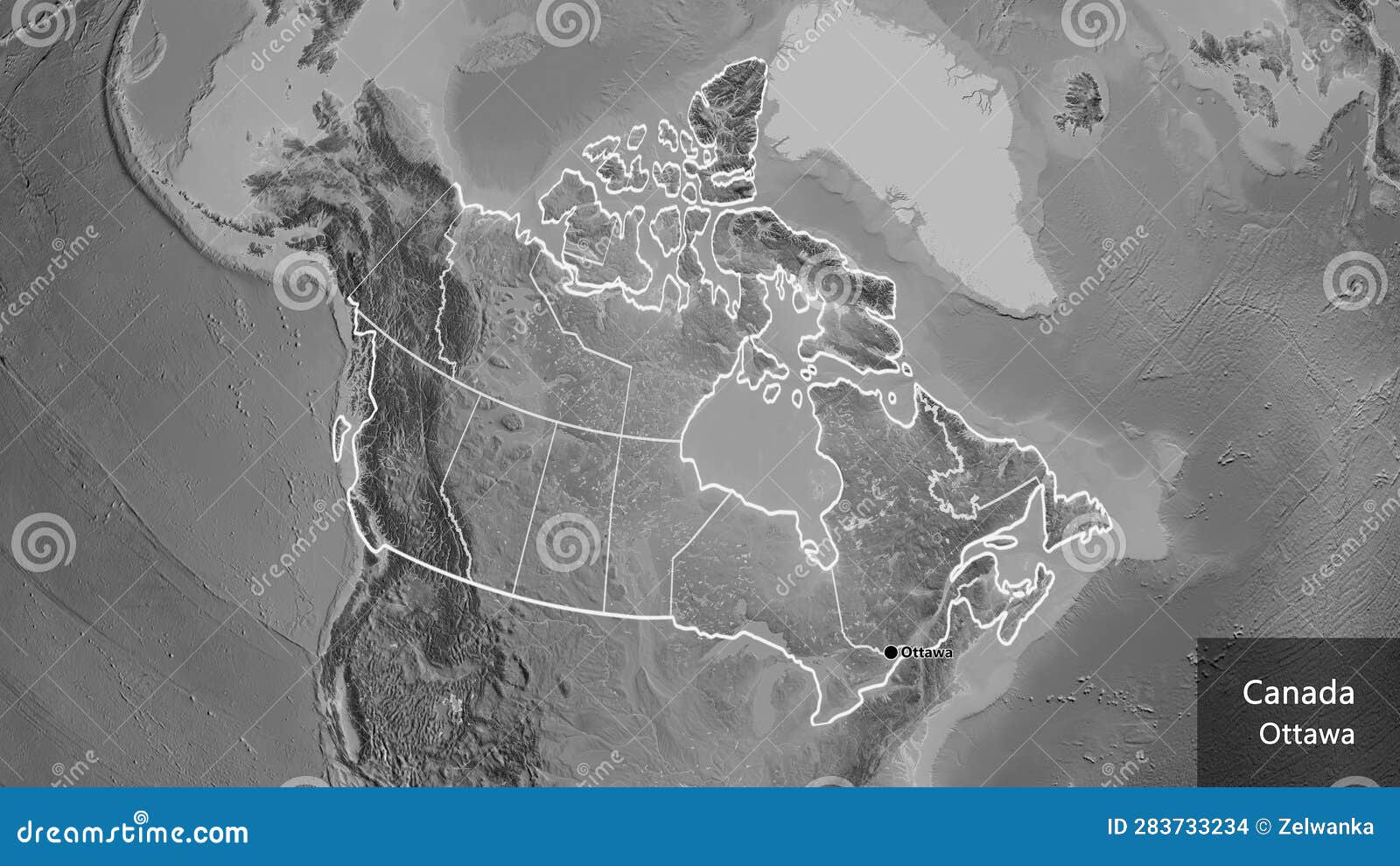 Shape of Canada with Regional Borders. Grayscale. Labels Stock ...