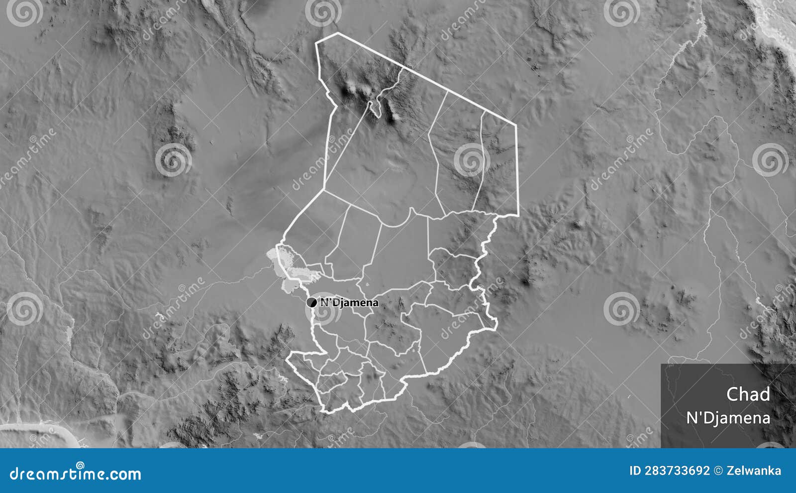 Shape of Chad with Regional Borders. Grayscale. Labels Stock ...