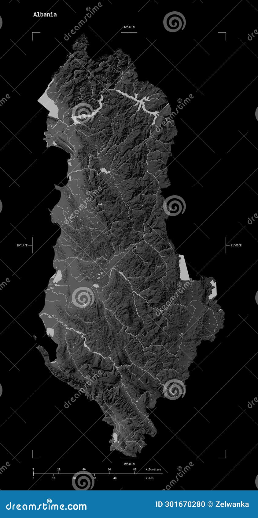 Albania Shape on Black. Grayscale Stock Illustration - Illustration of ...