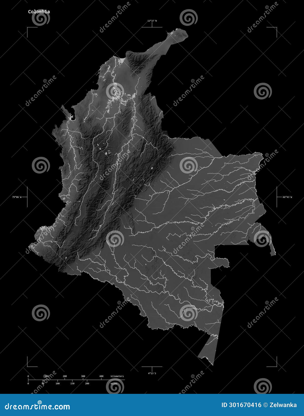 Colombia Shape on Black. Grayscale Stock Illustration - Illustration of ...