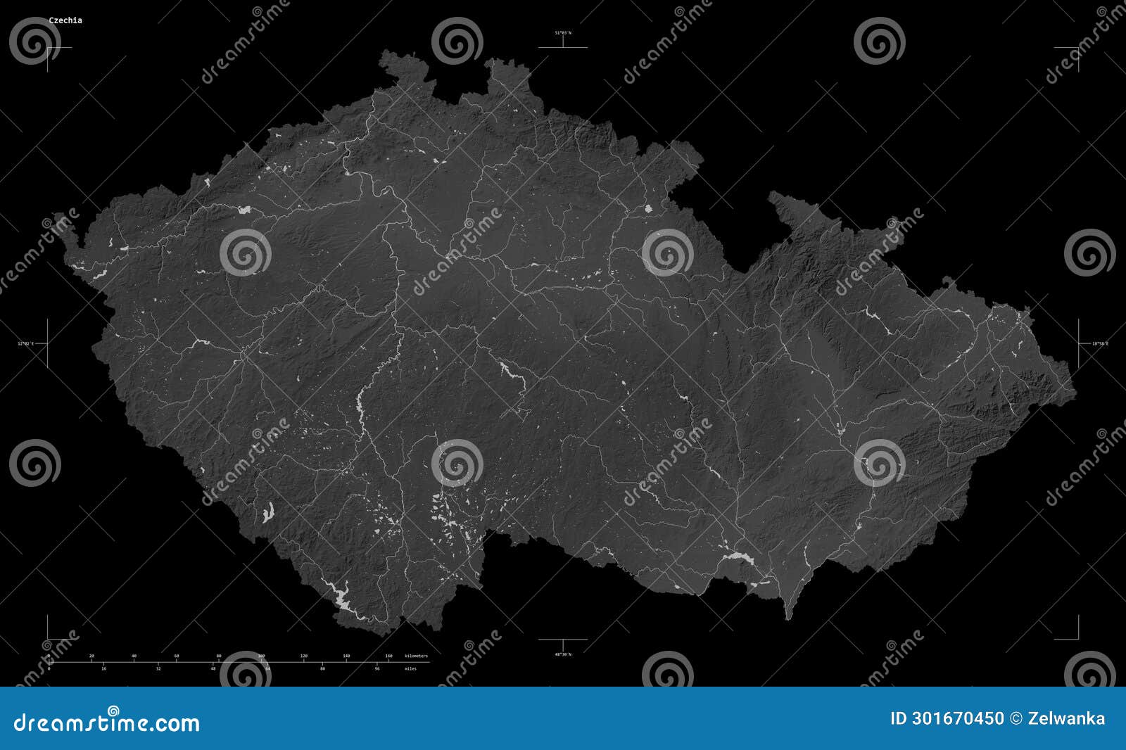Czechia Shape on Black. Grayscale Stock Illustration - Illustration of ...