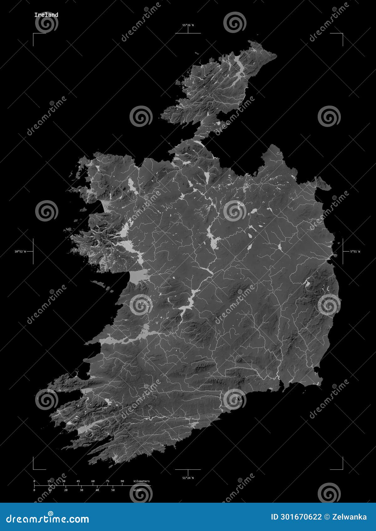 Ireland Shape on Black. Grayscale Stock Illustration - Illustration of ...