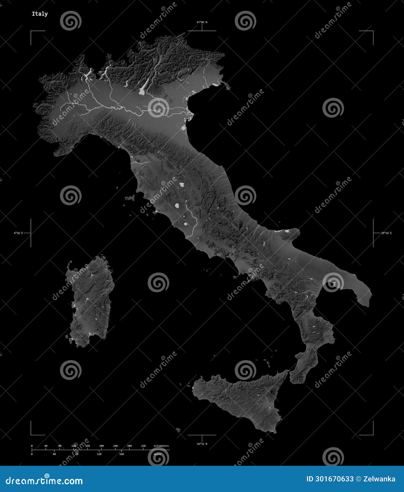 Italy Shape on Black. Grayscale Stock Illustration - Illustration of ...